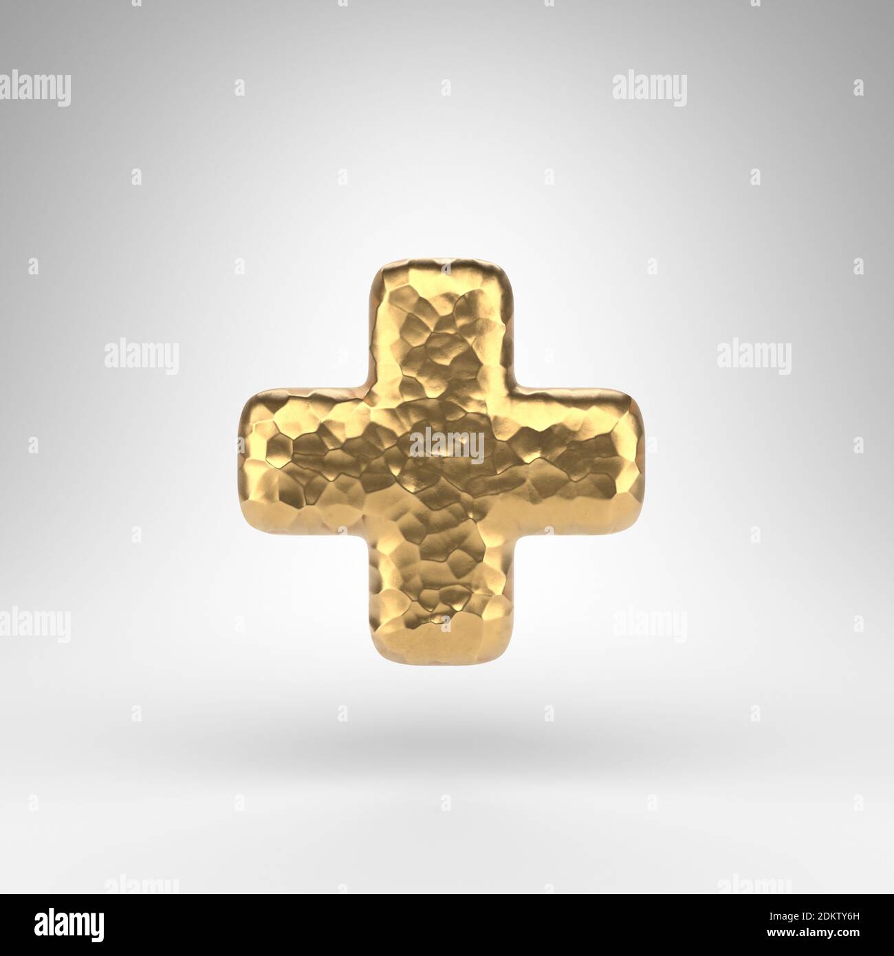 Plus symbol on white background. Hammered brass 3D rendered sign with ...