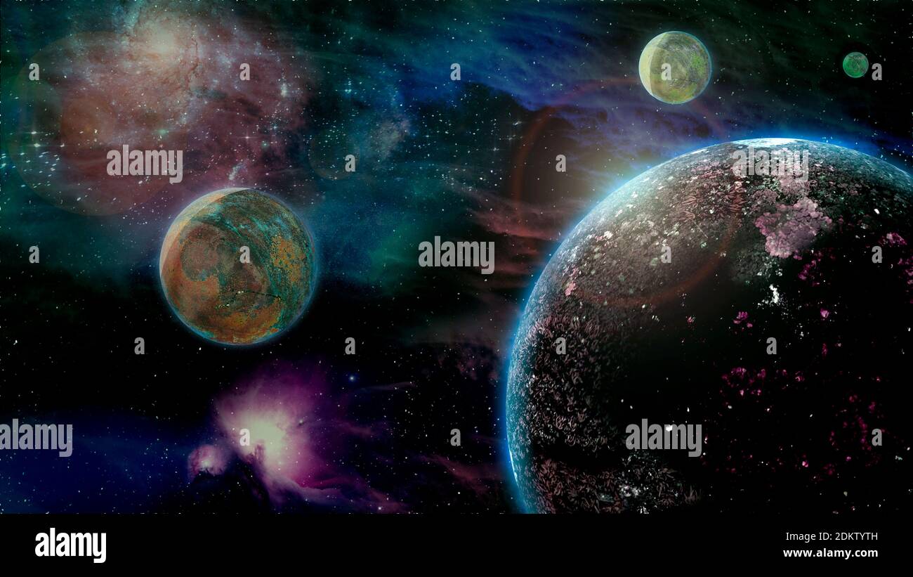 Computer generated fantasy image of a planet with three moons with ...