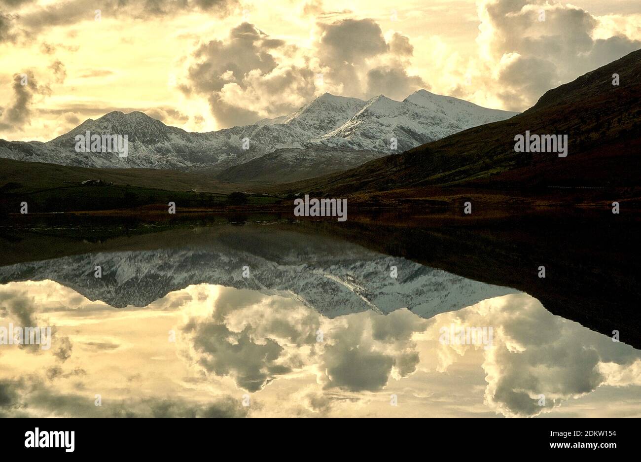 Snowdon reflections Llyn Mymber Capel currig Snowdonia Stock Photo - Alamy