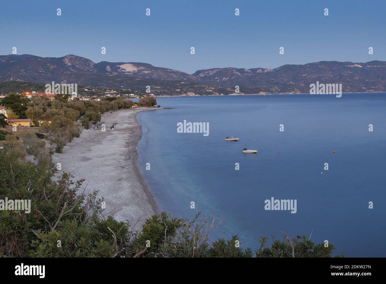 Moon rise over the Bay of Marathokambos on the Greek island of Samos ...