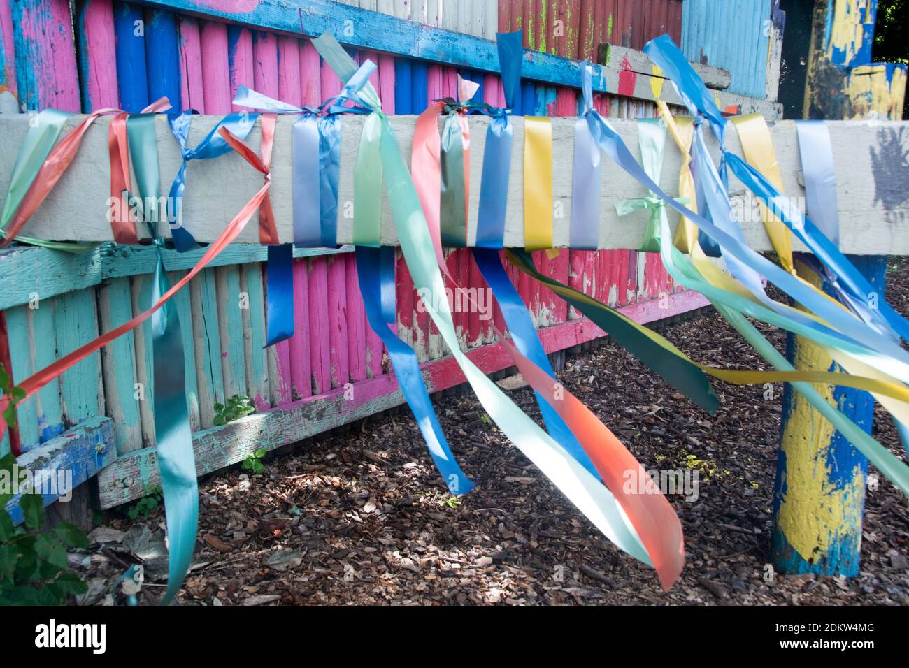 Ribbons blow in the wind, decorating the children’s play area at The ...