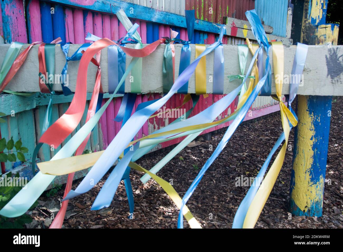 Ribbons blow in the wind, decorating the children’s play area at The ...