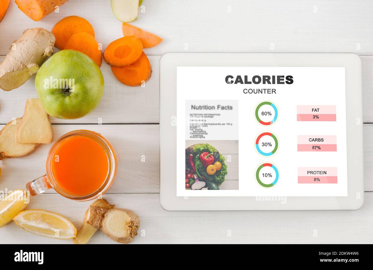 Calories Counter App Opened On Digital Tablet Flat Lay On White Table ...