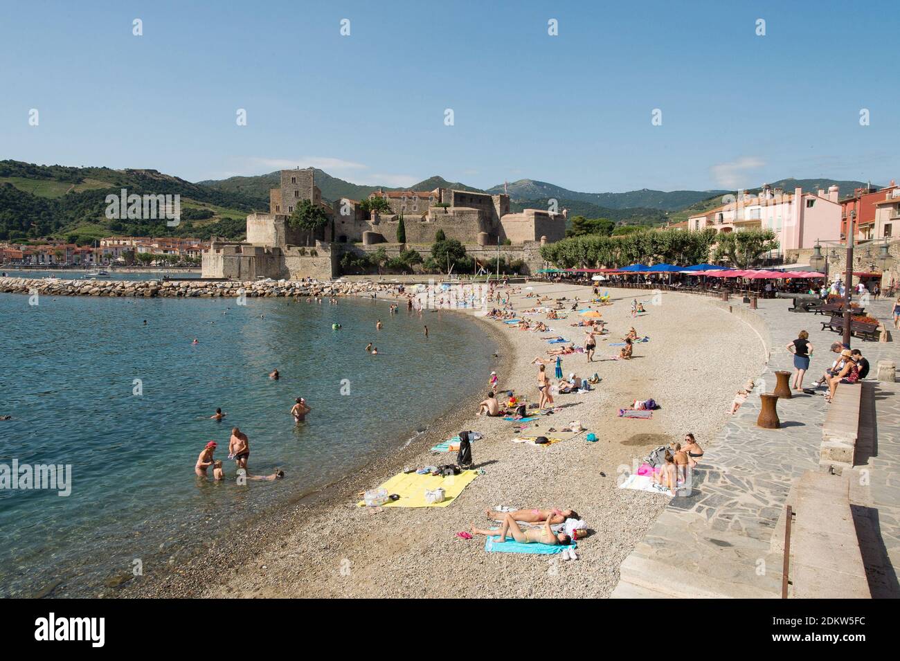 Collioure (south of France): Boramar Beach with the Royal Castle in the ...