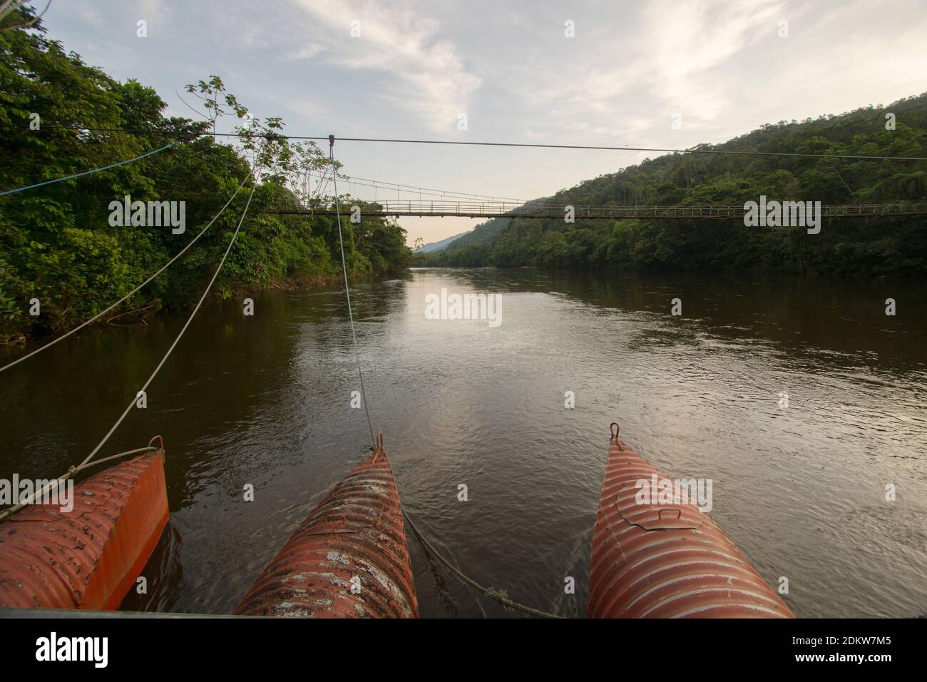 Cable ferry crossing the Nangaritza River in southern Ecuador, a ...
