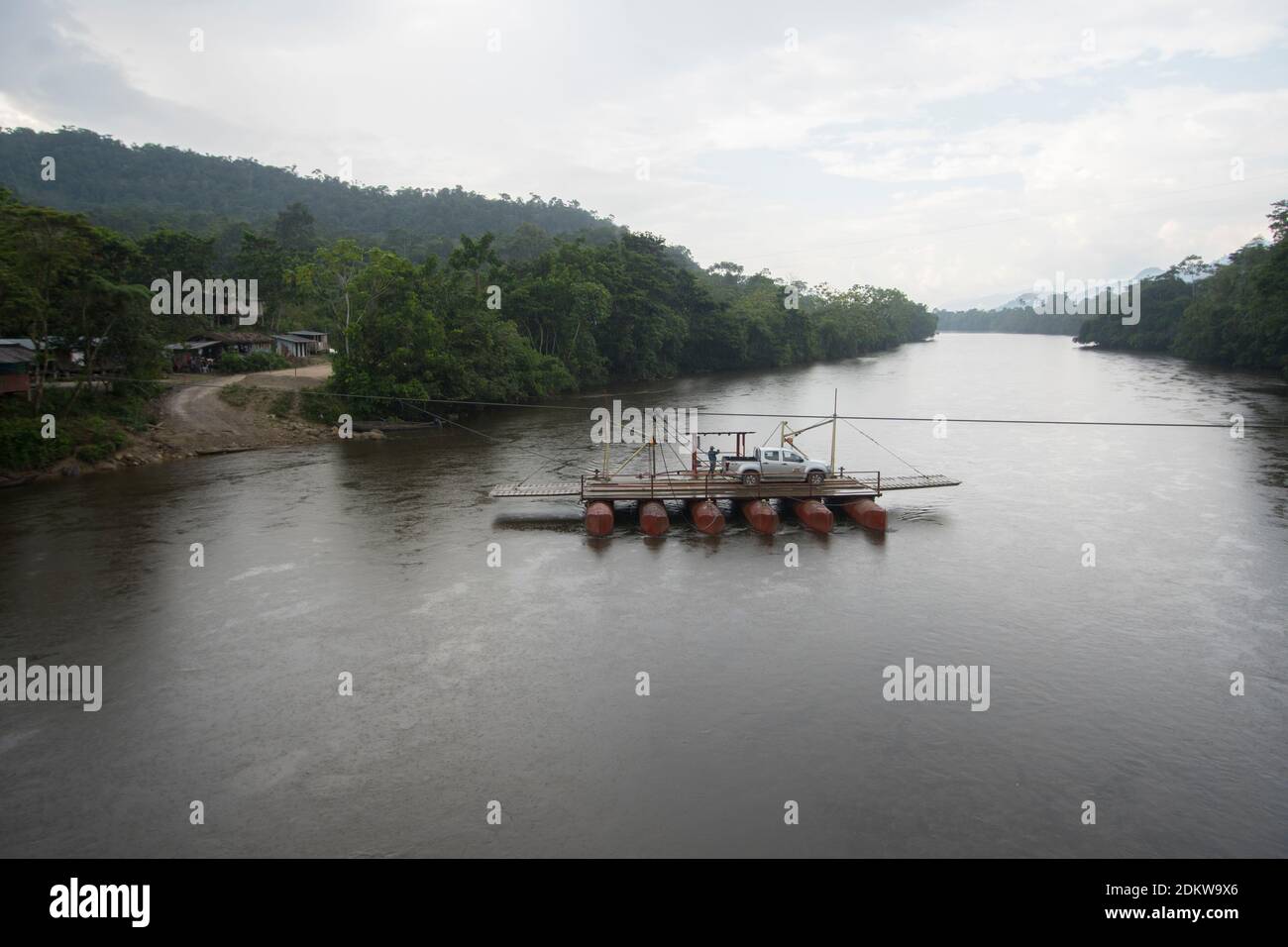 Cable ferry crossing the Nangaritza River in southern Ecuador, a ...