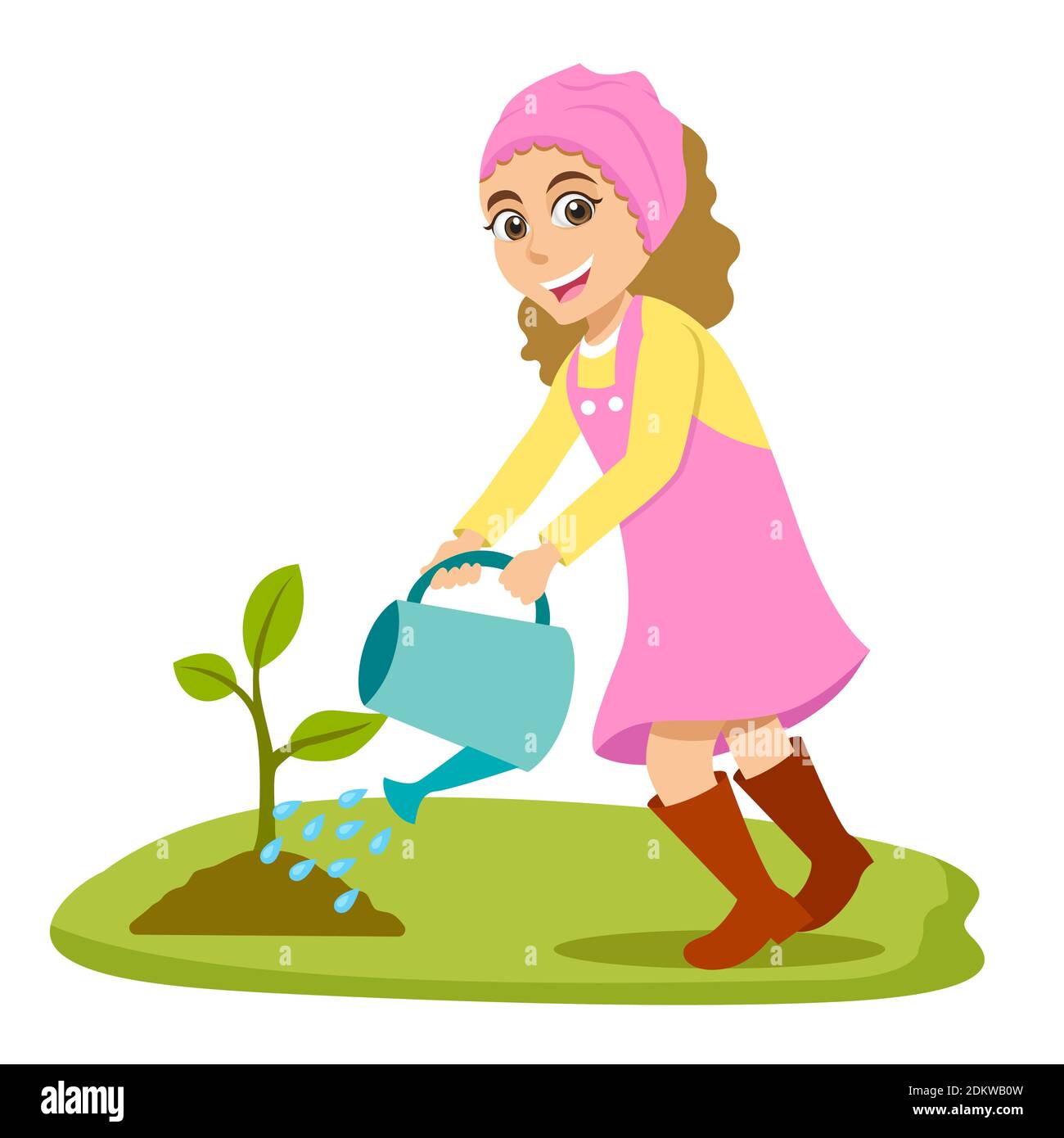 Cute cartoon little girl watering a tree isolated on white background ...