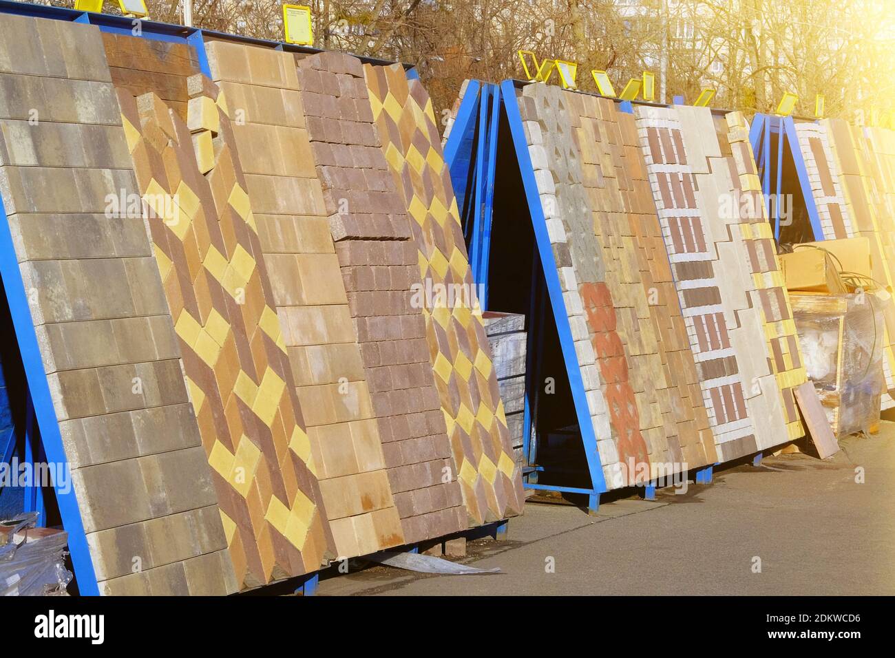 Paving tiles at construction site. Warehouse paving slabs for laying ...