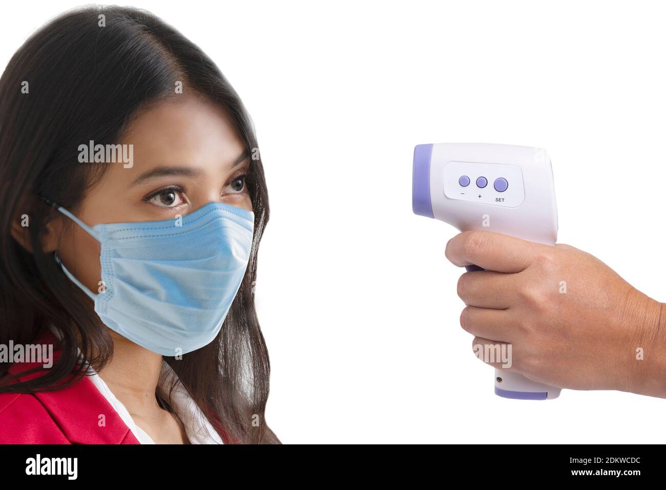 Side view photo of woman face who was being measured body temperature ...