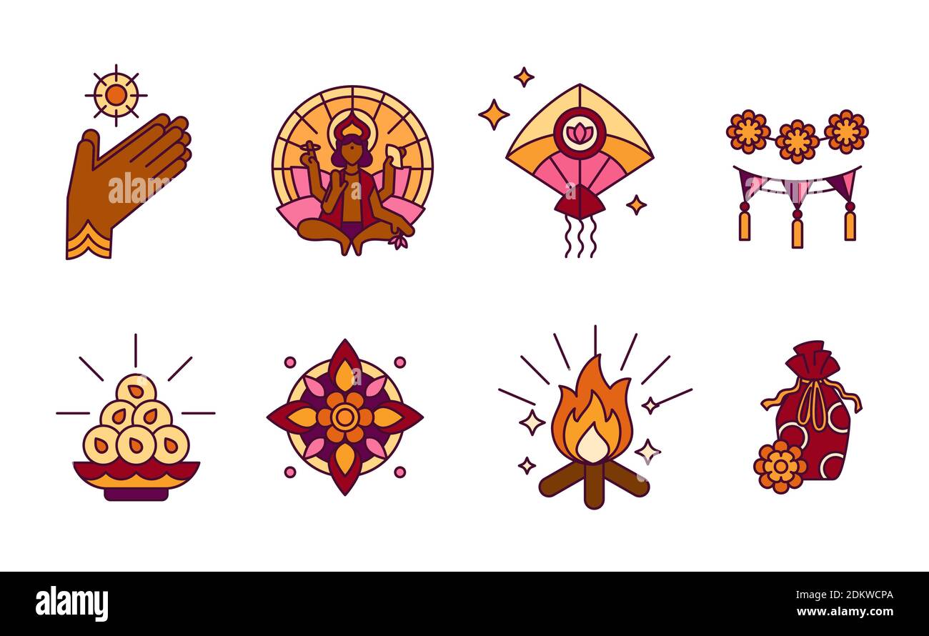 Makara Sankranti, Hindu festival of sun god Surya - solid icons in ...