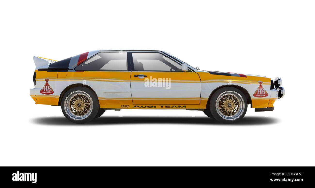 Classic German sport rallye car, side view isolated on white background ...
