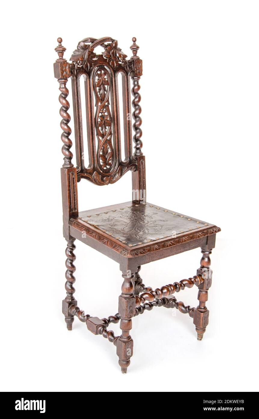Old fashioned wood chair in gothic style on the white background Stock ...