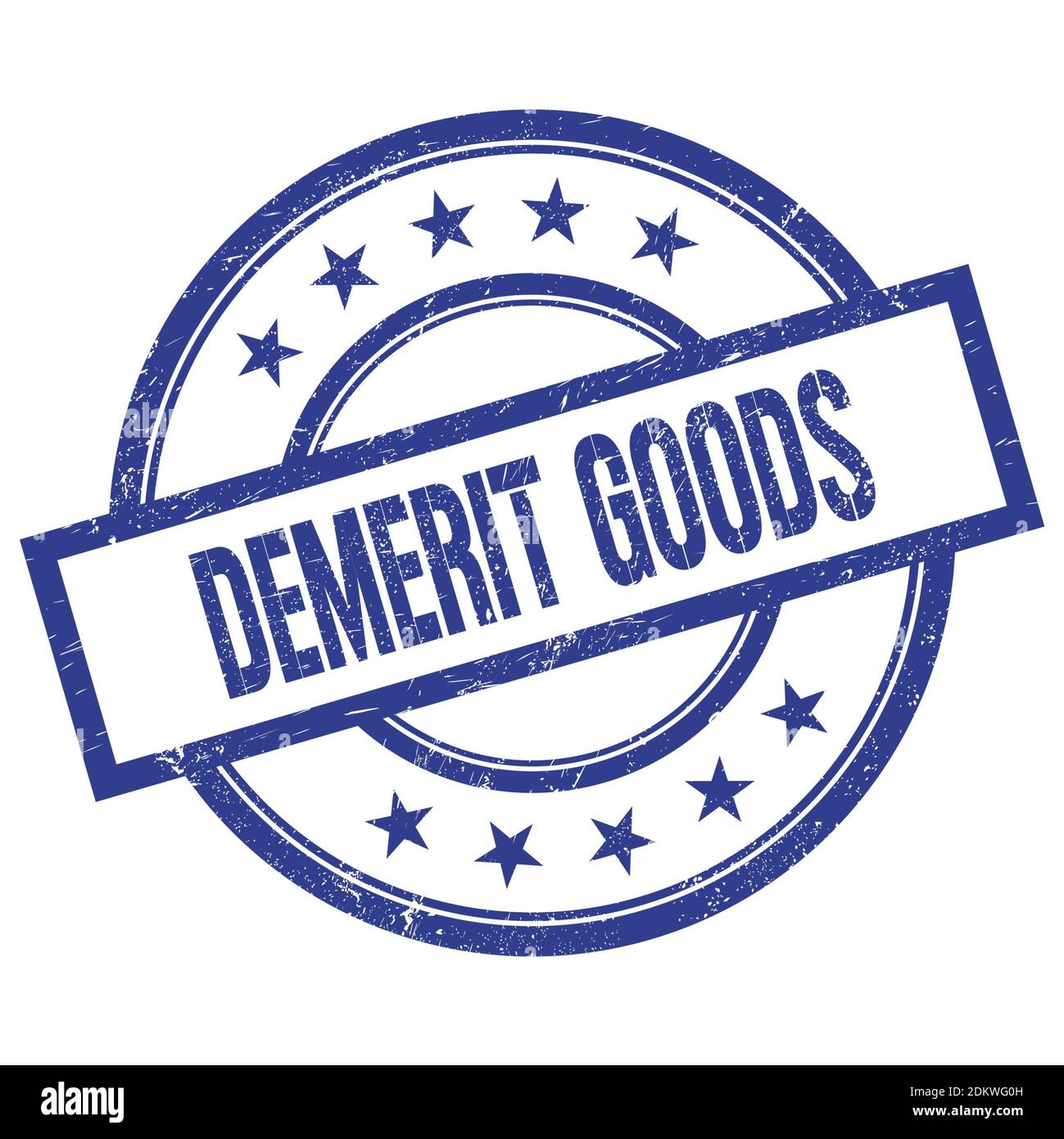 DEMERIT GOODS text written on blue round vintage rubber stamp Stock ...