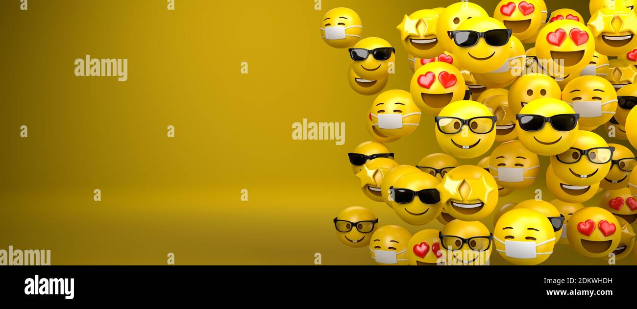3d render of a set of repeating six different face emoji smileys. Copy ...
