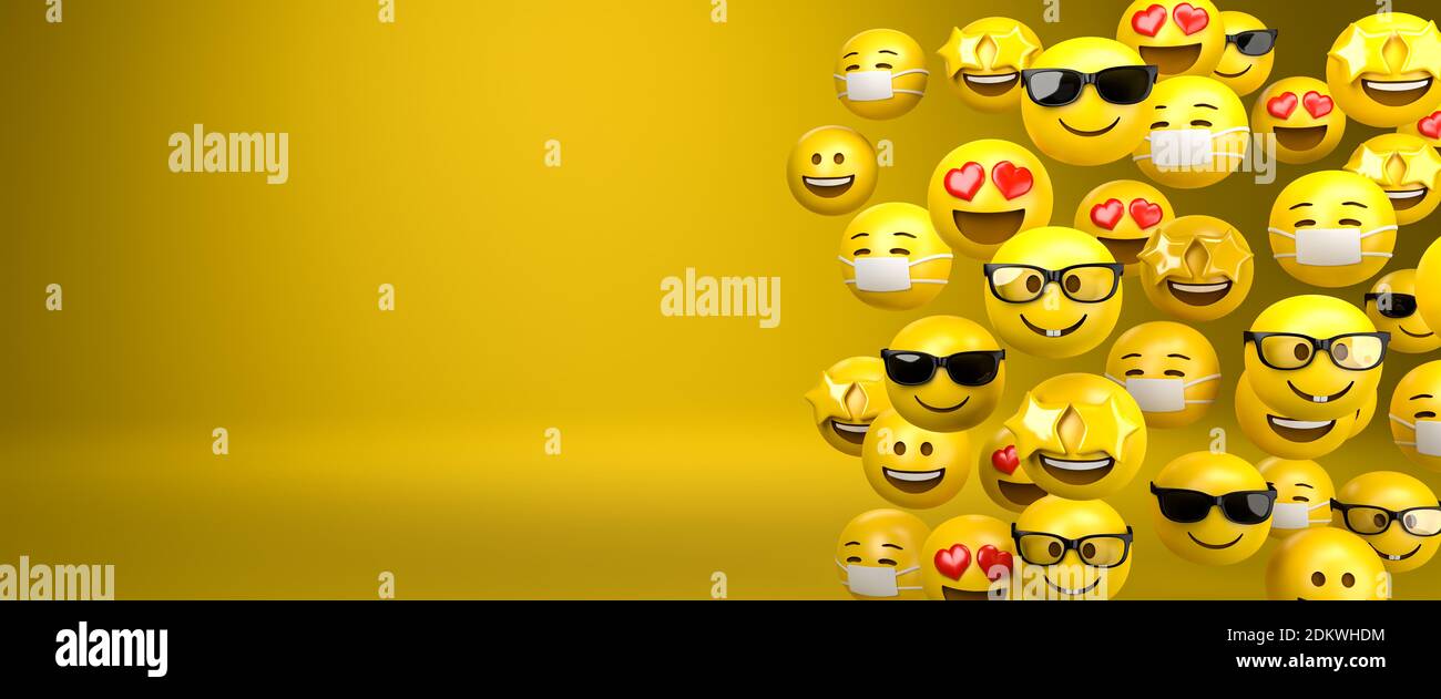 3d render of a set of repeating six different face emoji smileys. Copy ...