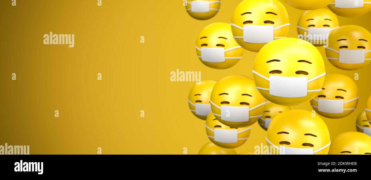 3d render of a large group of face mask emoji smileys. Mask face. Copy ...