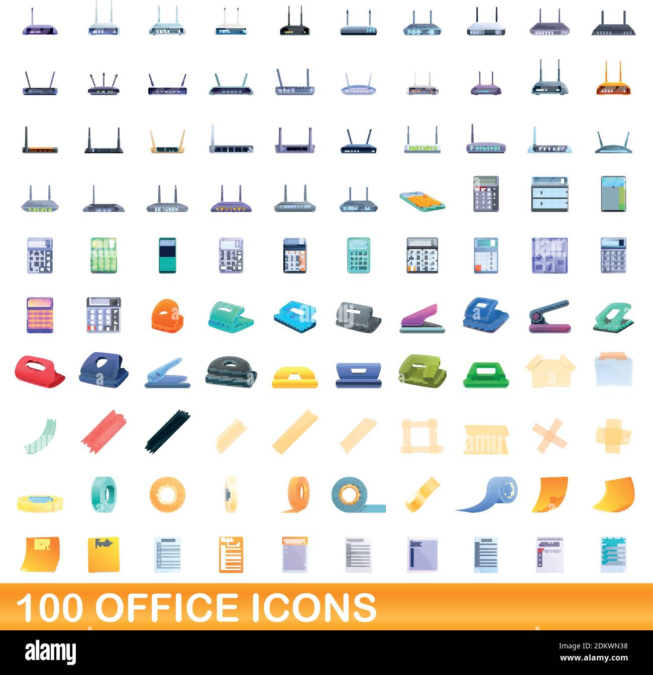 100 office icons set. Cartoon illustration of 100 office icons vector ...