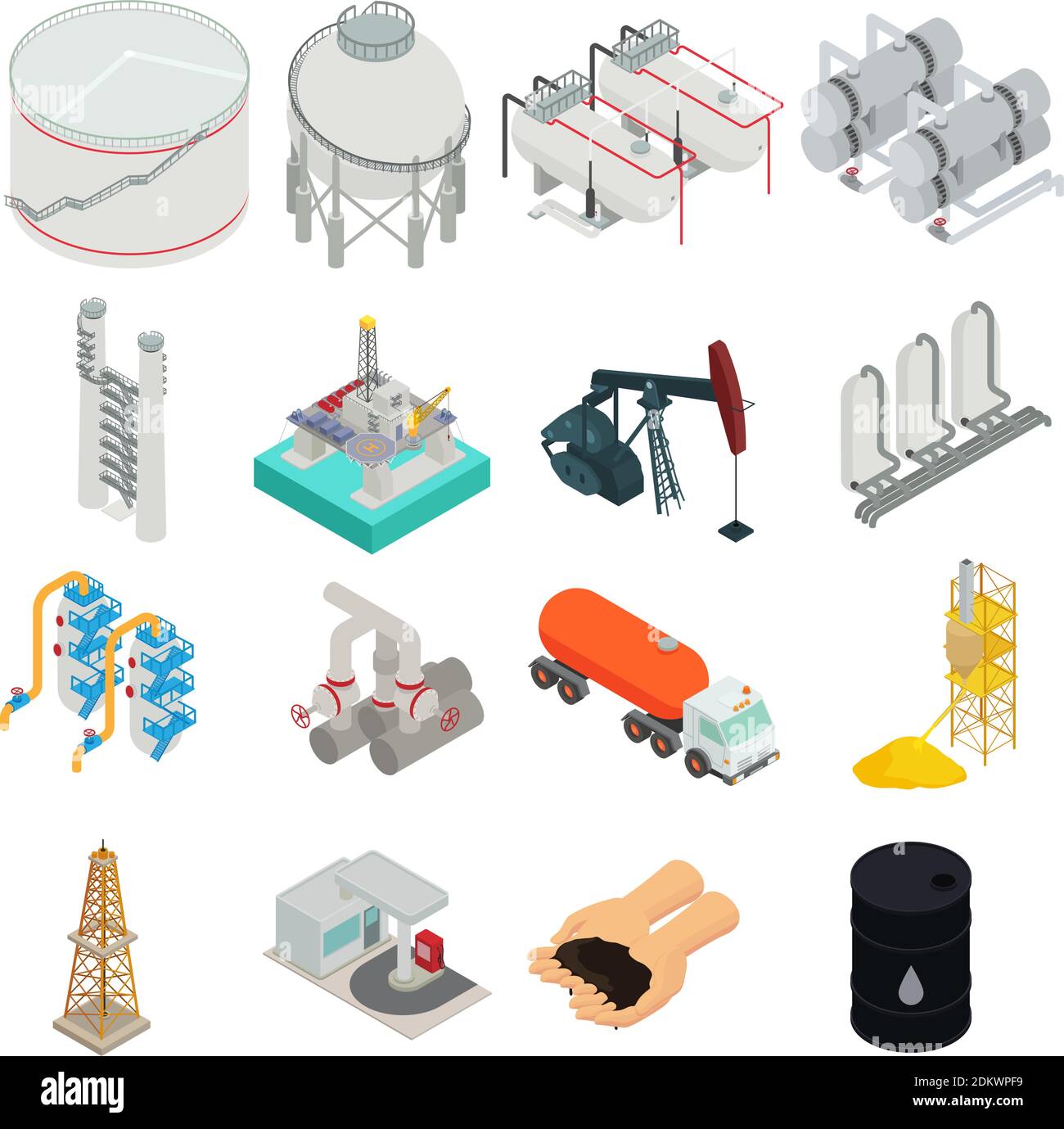 Refinery plant icons set. Isometric set of refinery plant vector icons ...