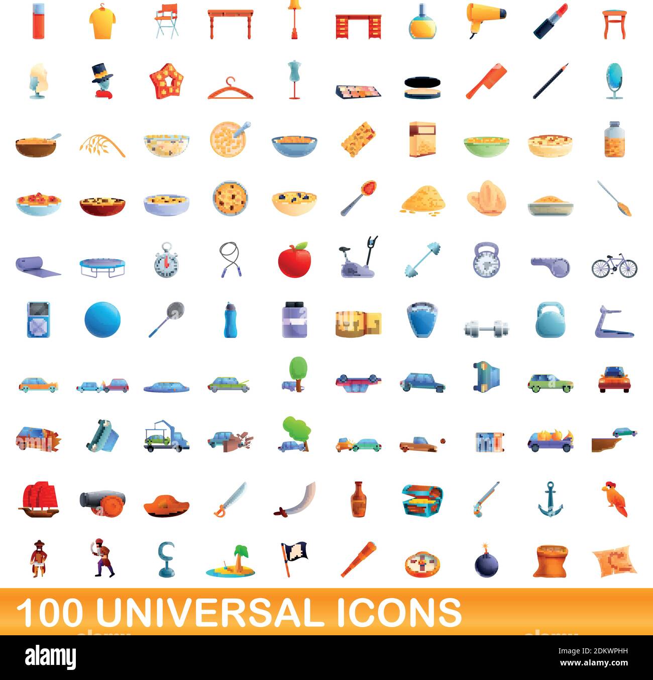100 universal icons set. Cartoon illustration of 100 universal icons ...