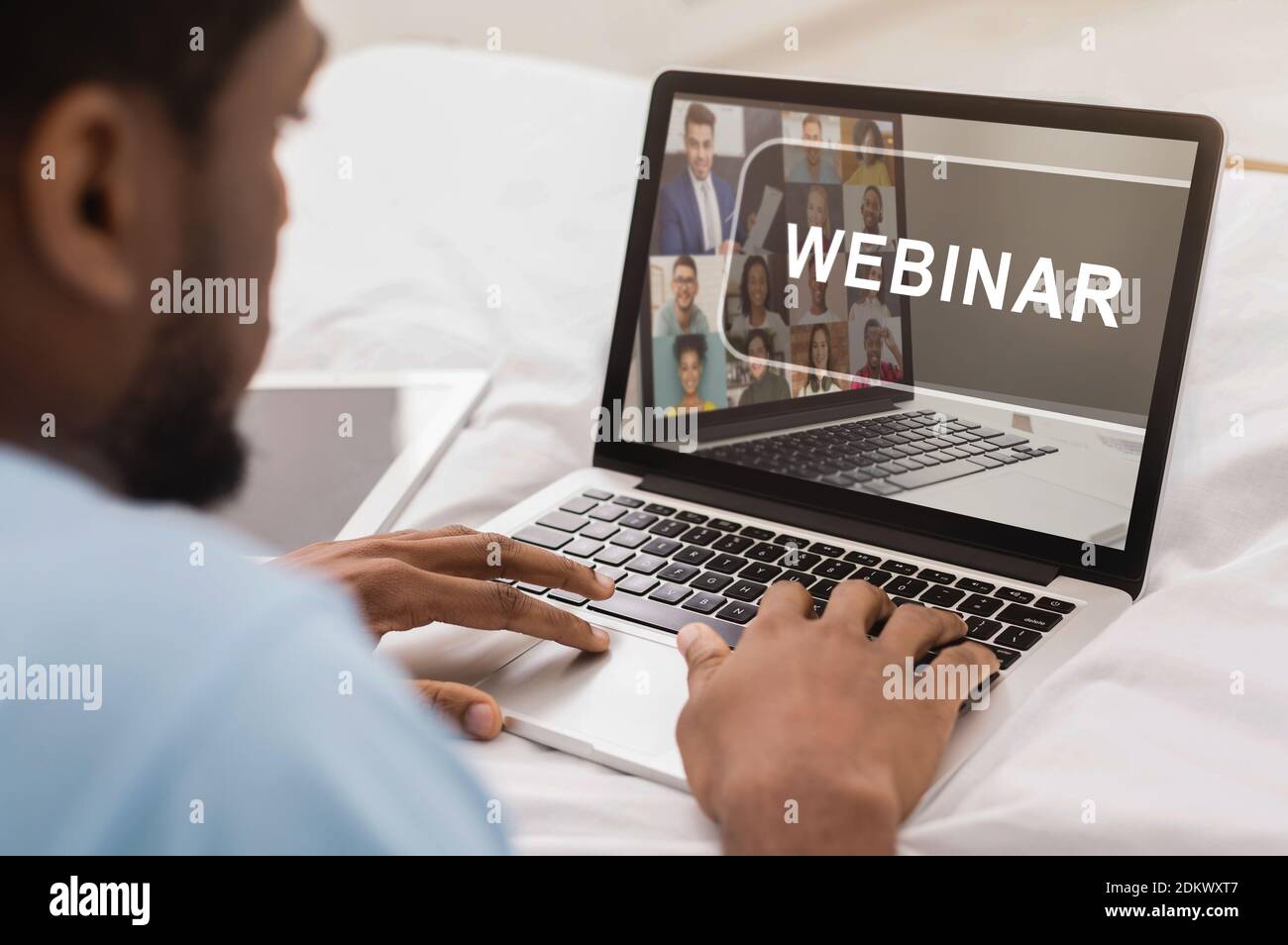 African-american man having webinar on modern laptop Stock Photo - Alamy