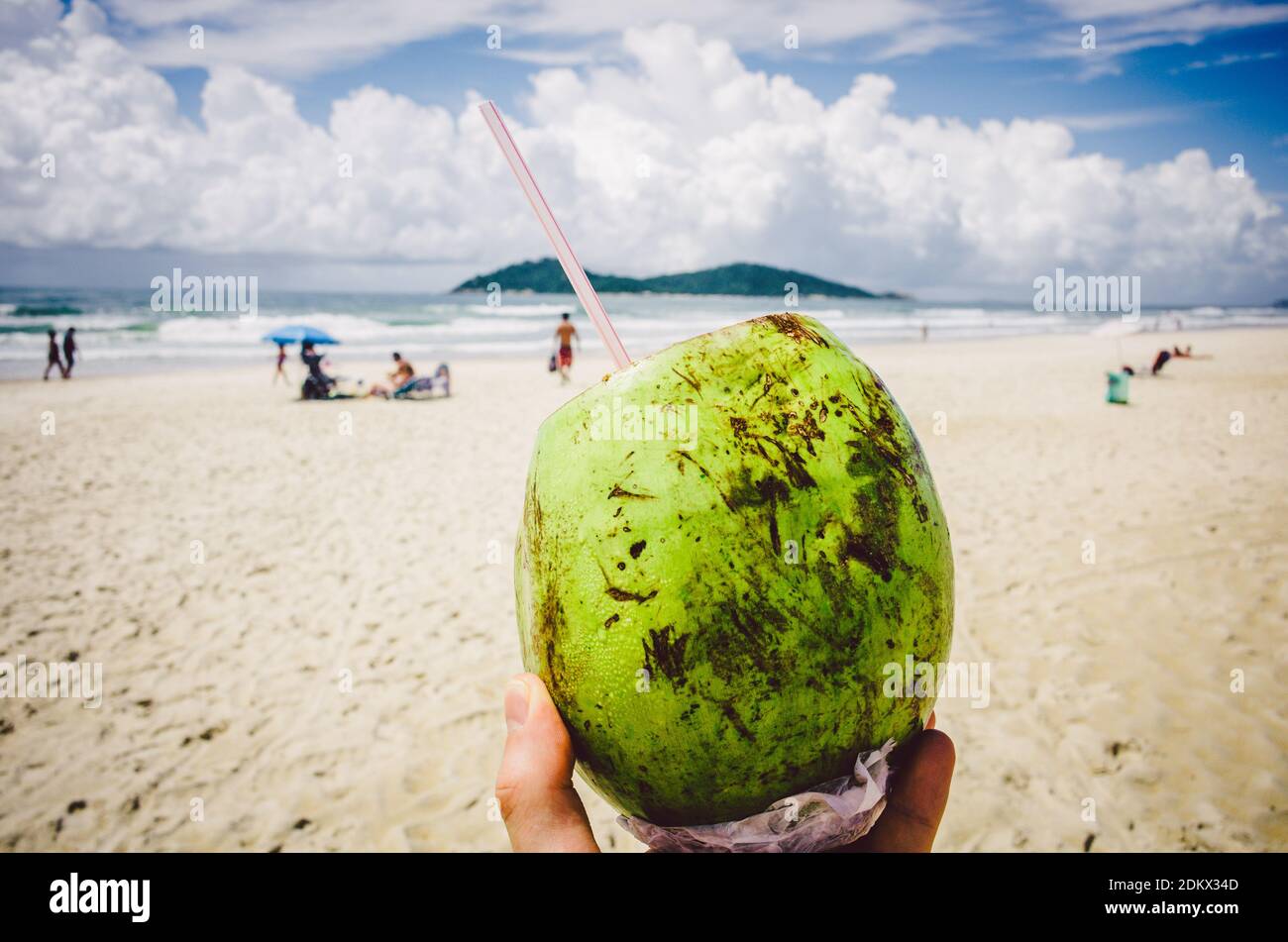 Hand holding coconut on beach hi-res stock photography and images - Alamy