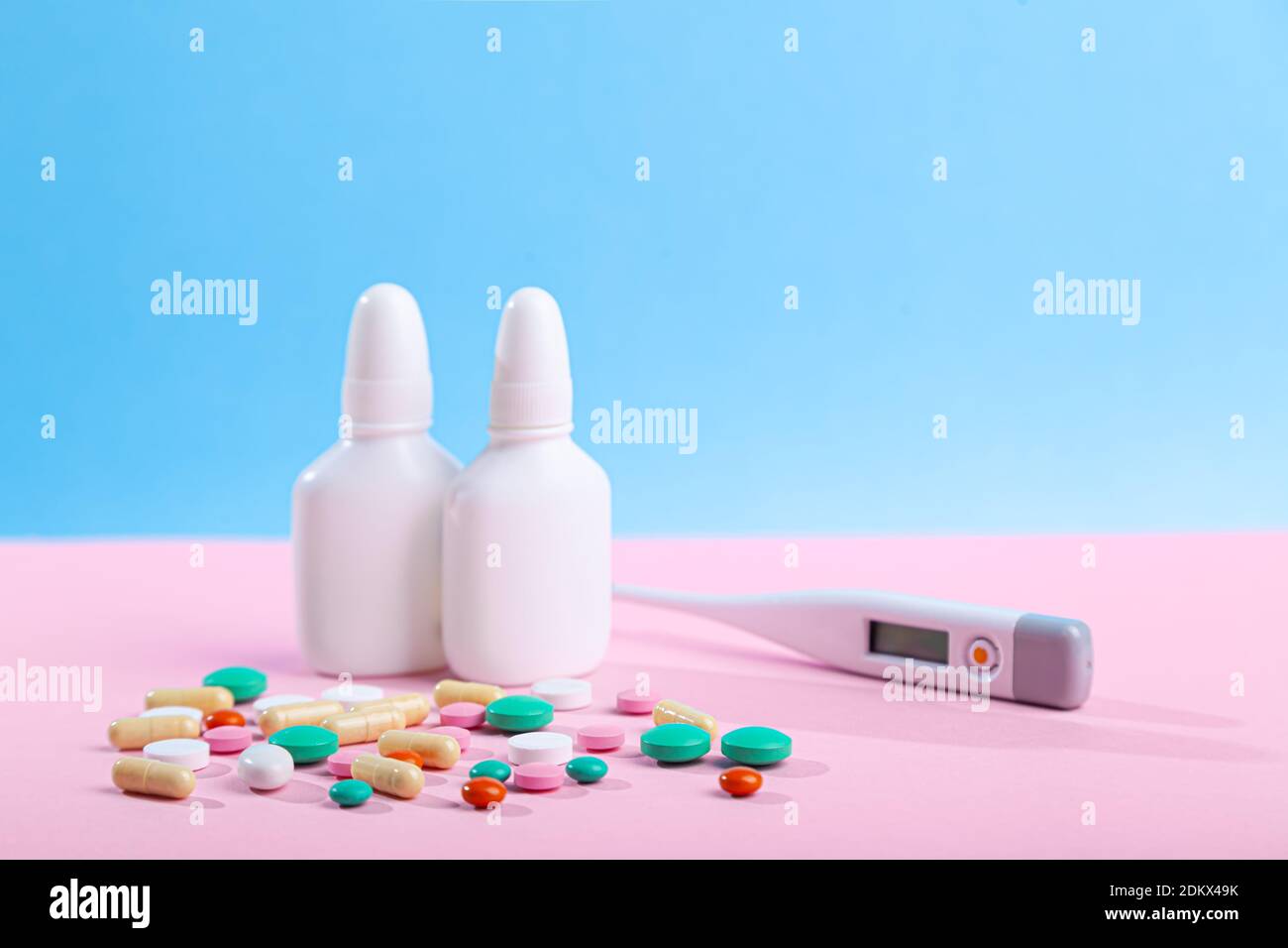 Medical medicines, spray, bottles of nose drops, syrup, vitamins ...