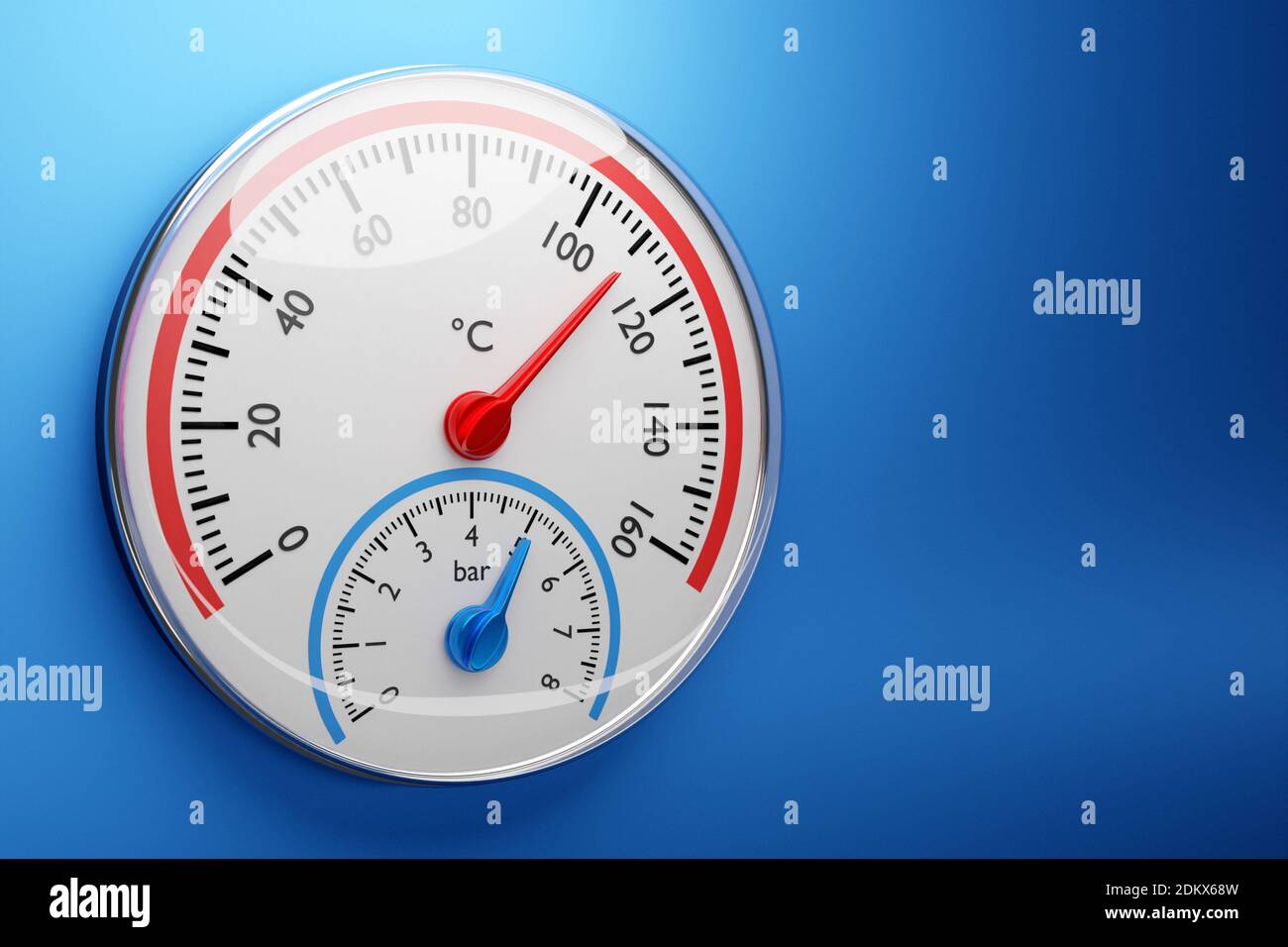 3d illustration of a round barometer with markings up to 160 on a blue ...