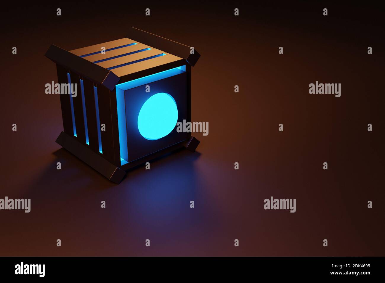 3D illustration of a neon cube with windows shining brightly in a dark ...
