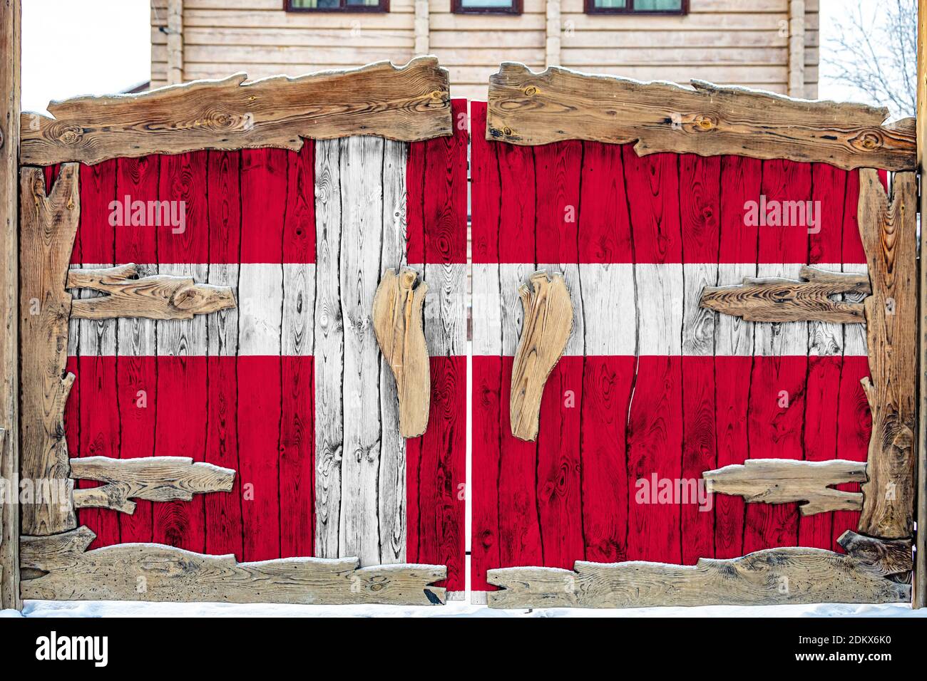 Close-up of the national flag of Denmark on a wooden gate at the ...