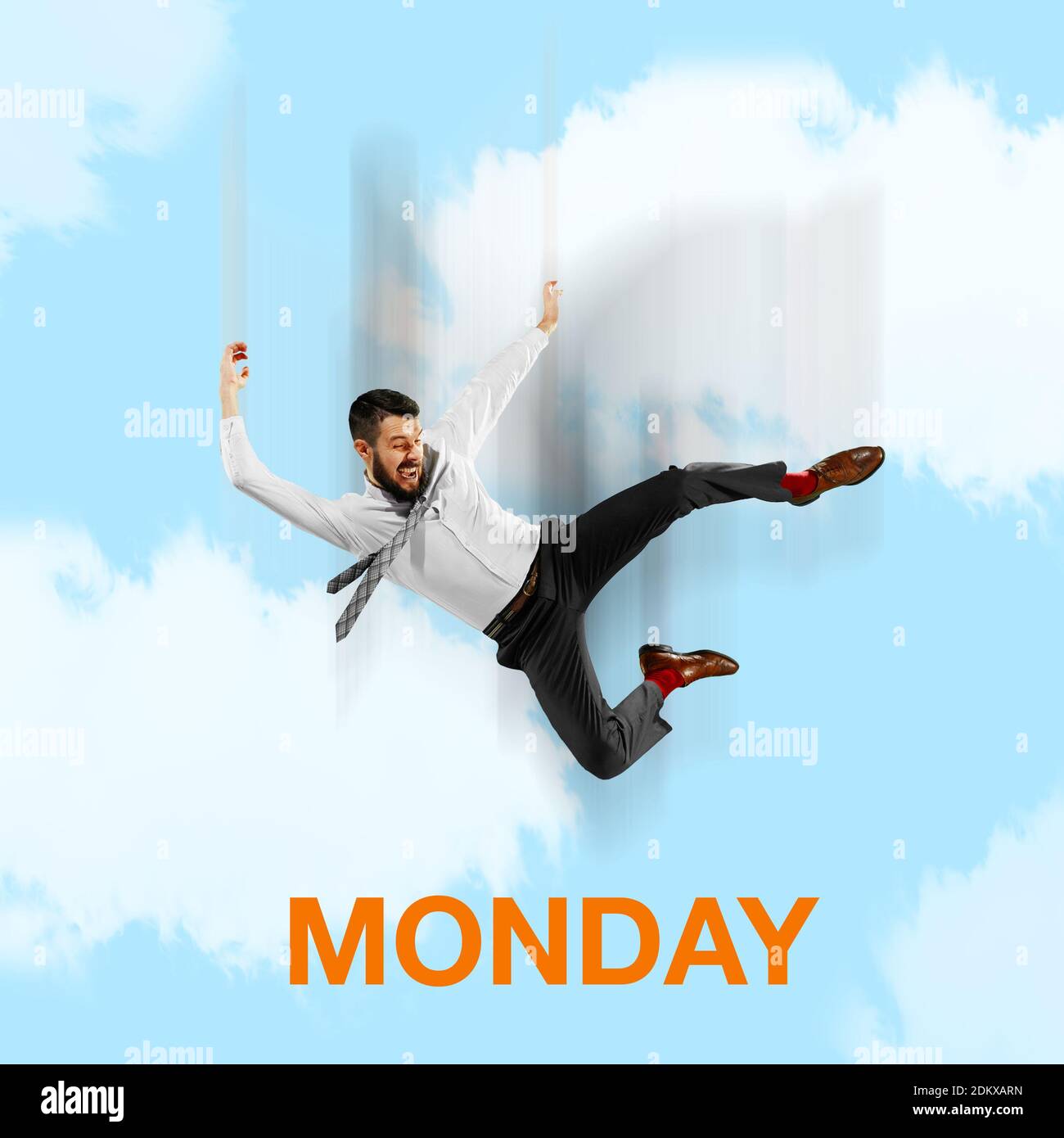 Manager falling down from the sky right in new week, monday. Copyspace ...