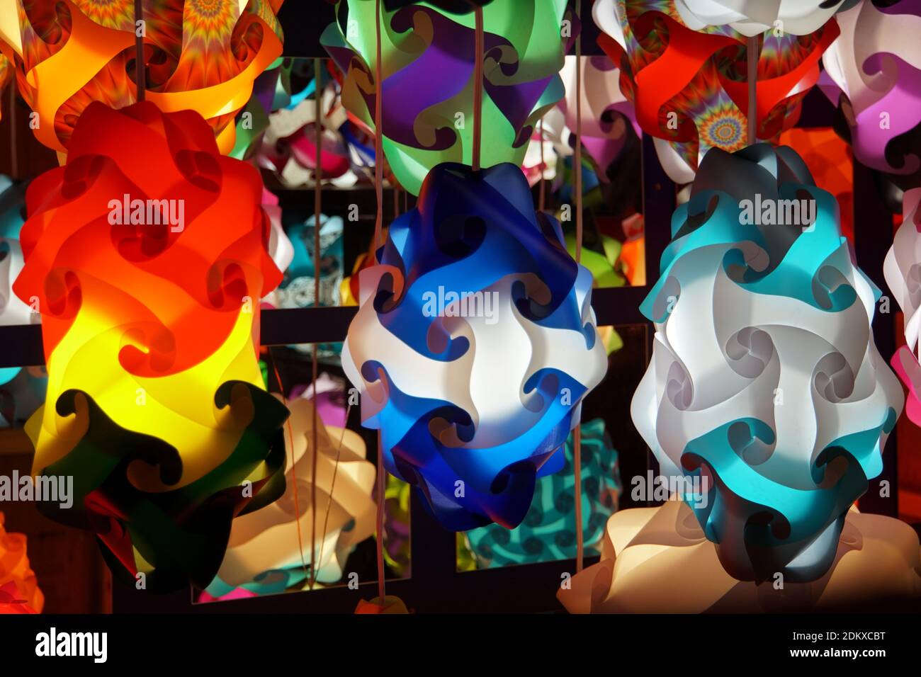 Colorful hanging lanterns in unique shapes and sizes Stock Photo - Alamy