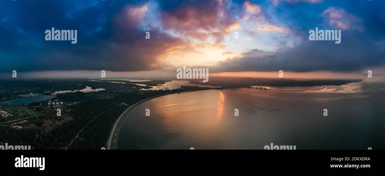Dramatic colorful sunset over Kyiv sea in Vyshgorod, Ukraine, travel ...