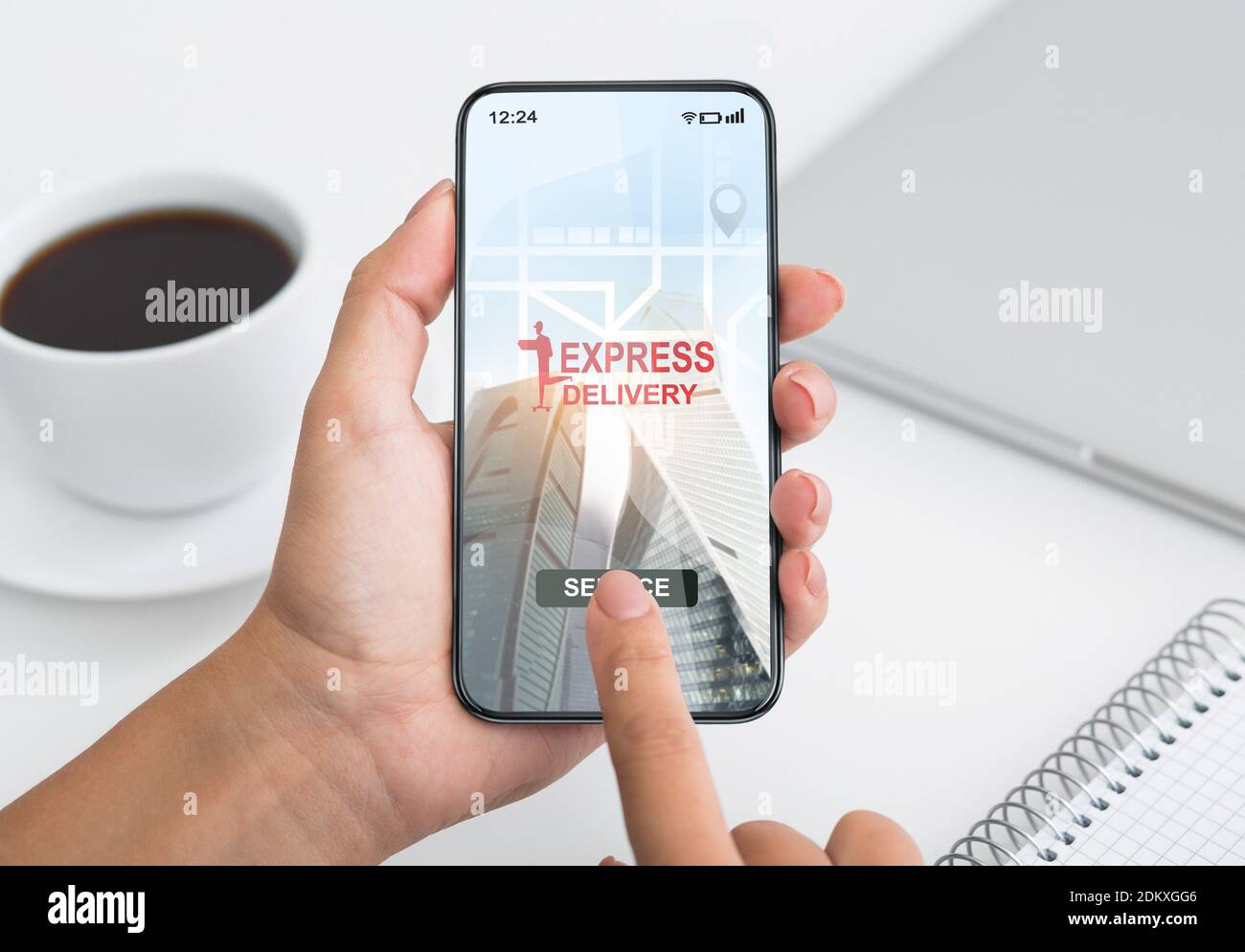 Unrecognizable Woman Browsing Express Delivery App On Smartphone In Office, Creative Collage ...