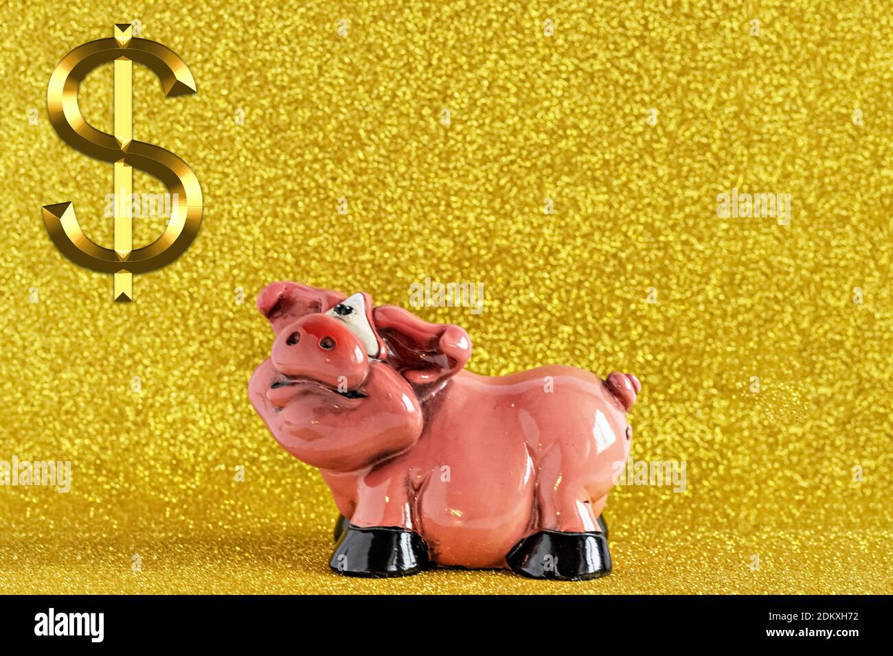Piggy bank-pig on a gold background with a dollar sign. Keeping money ...