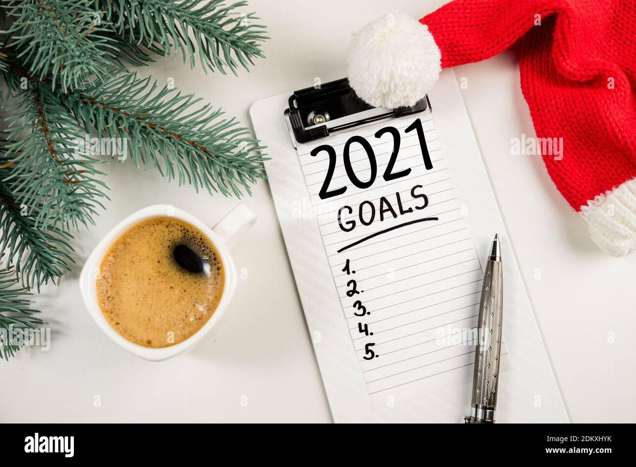 New year goals 2020 on desk. 2020 resolutions on workplace with coffee ...