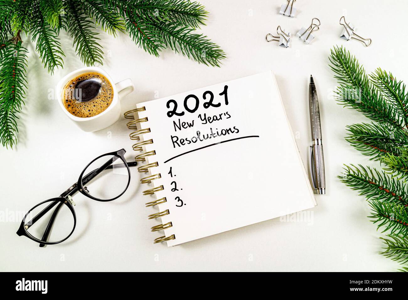 New year resolutions 2021 on desk. 2021 goals with open notebook ...