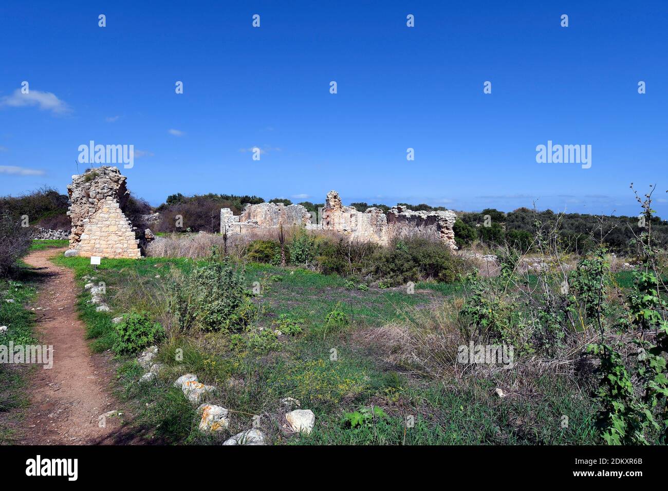 Greece, ancient Roman wall at archaelogical site of Minoan ruins of ...