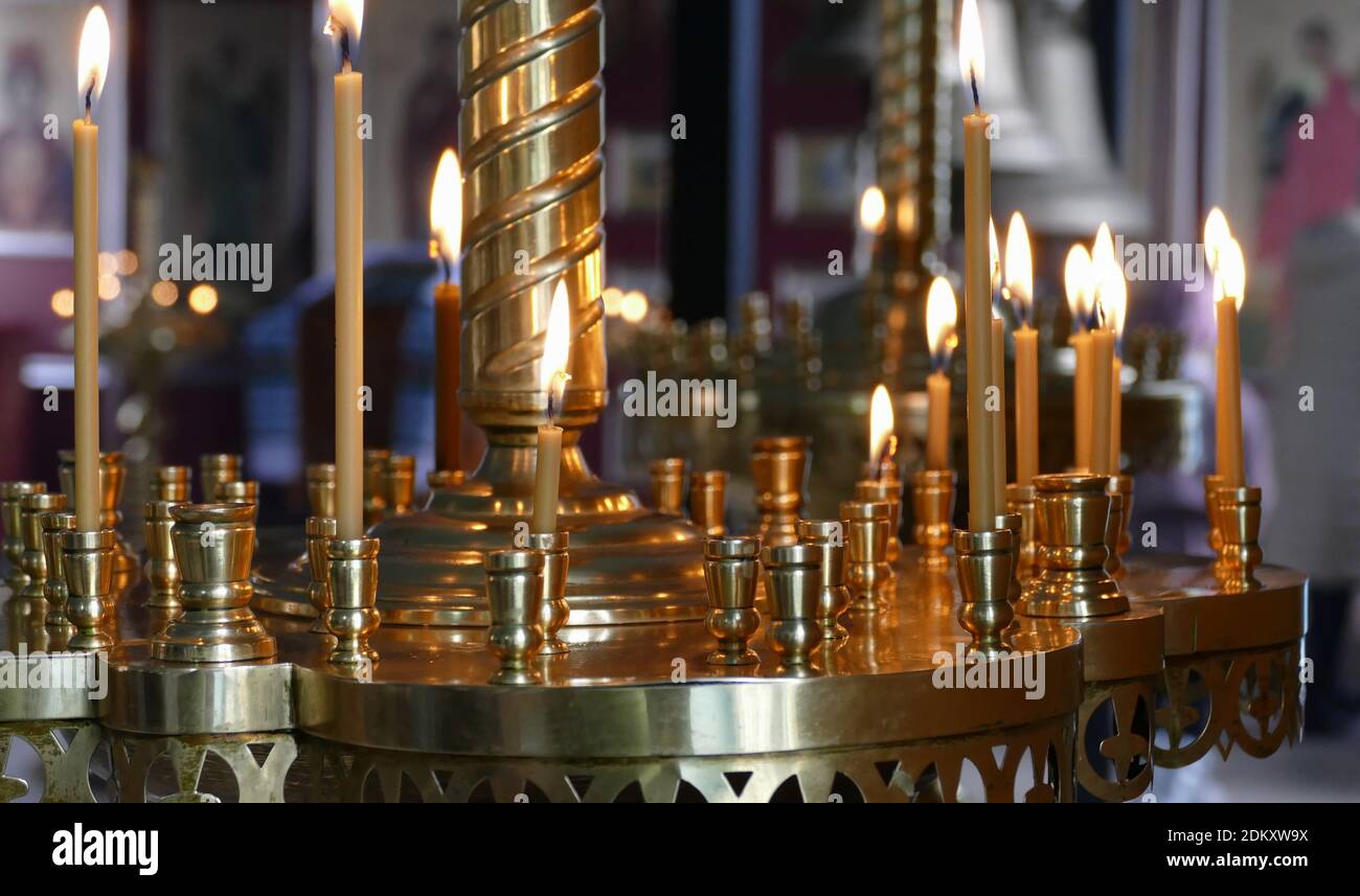 Church Candle Holder With Burning Candles Stock Photo - Alamy