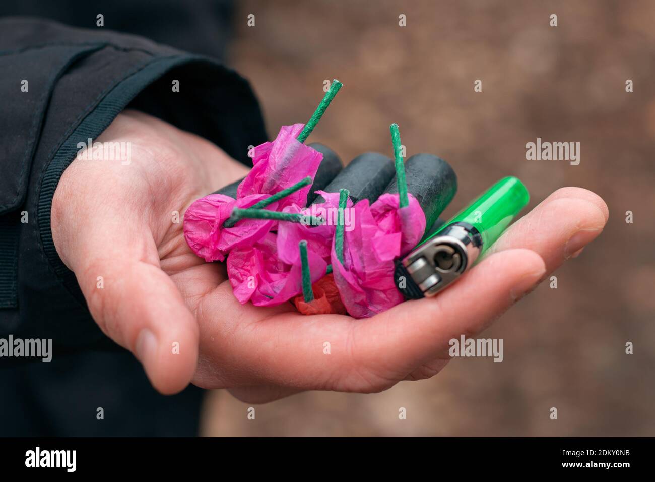The Firecrackers in a Hand. Man Holding Five Black Petards with a Green ...