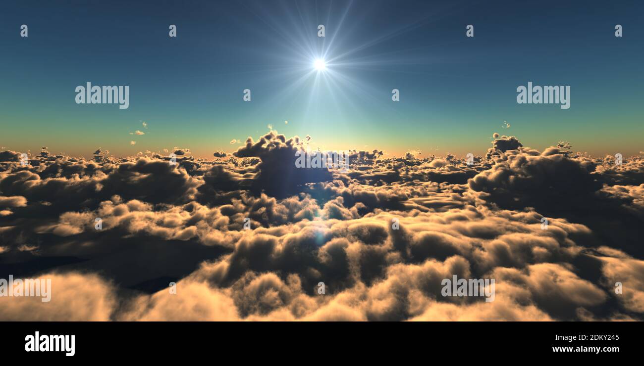 fly above clouds sunset landscape, 3d render illustration Stock Photo ...