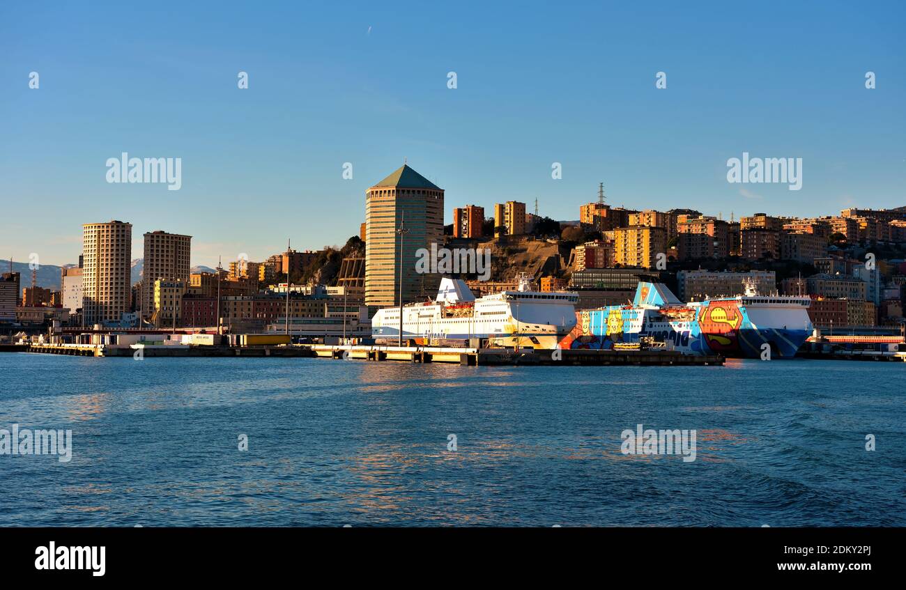 Line ferries in the port and urban panorama of the city December 13 ...