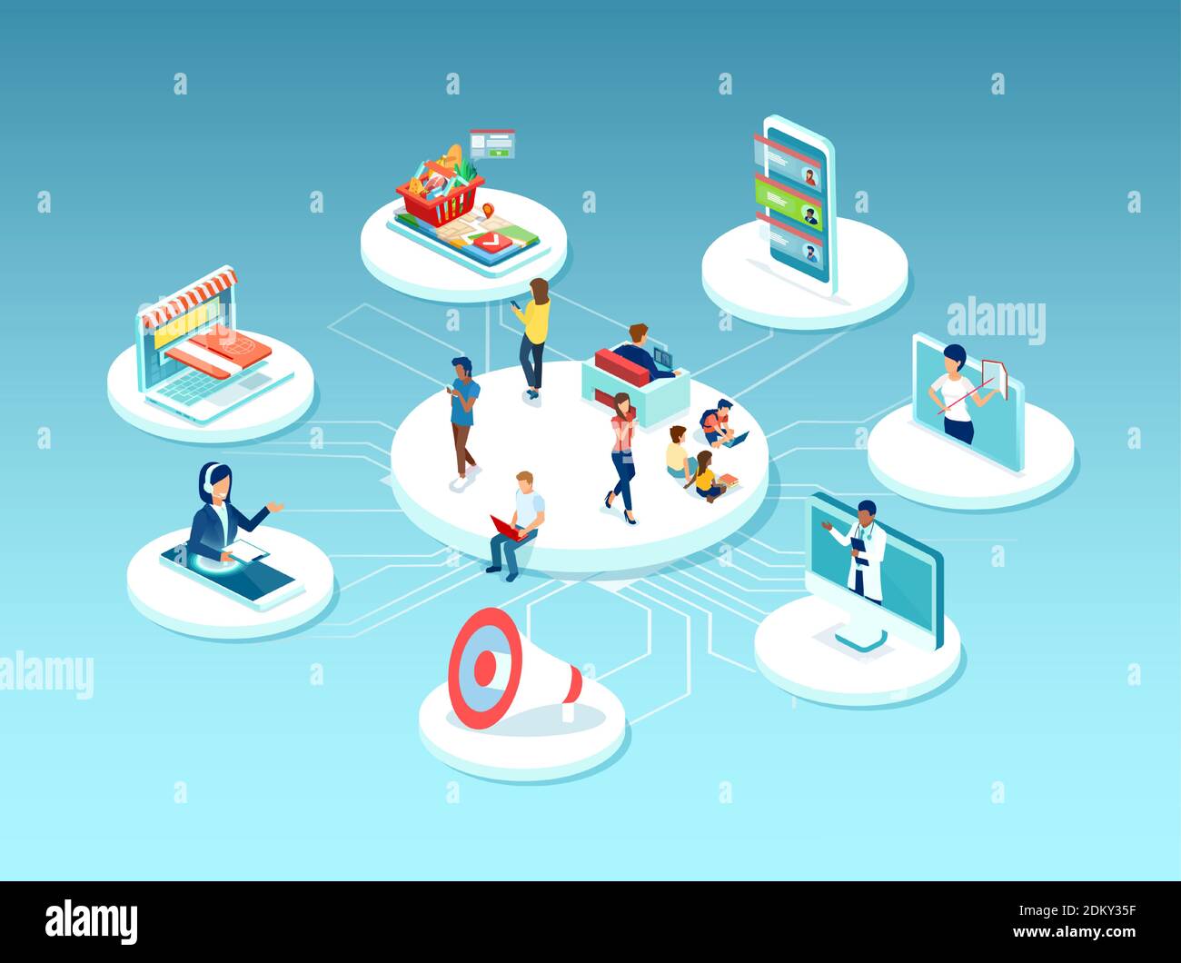 Vector of diverse people surrounded by many online services, education ...