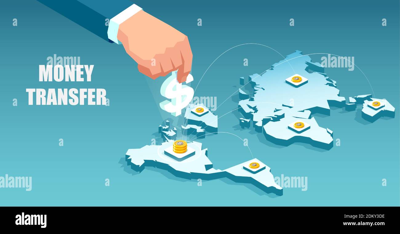 Global payment concept. Isometric vector of a businessman trasferring ...