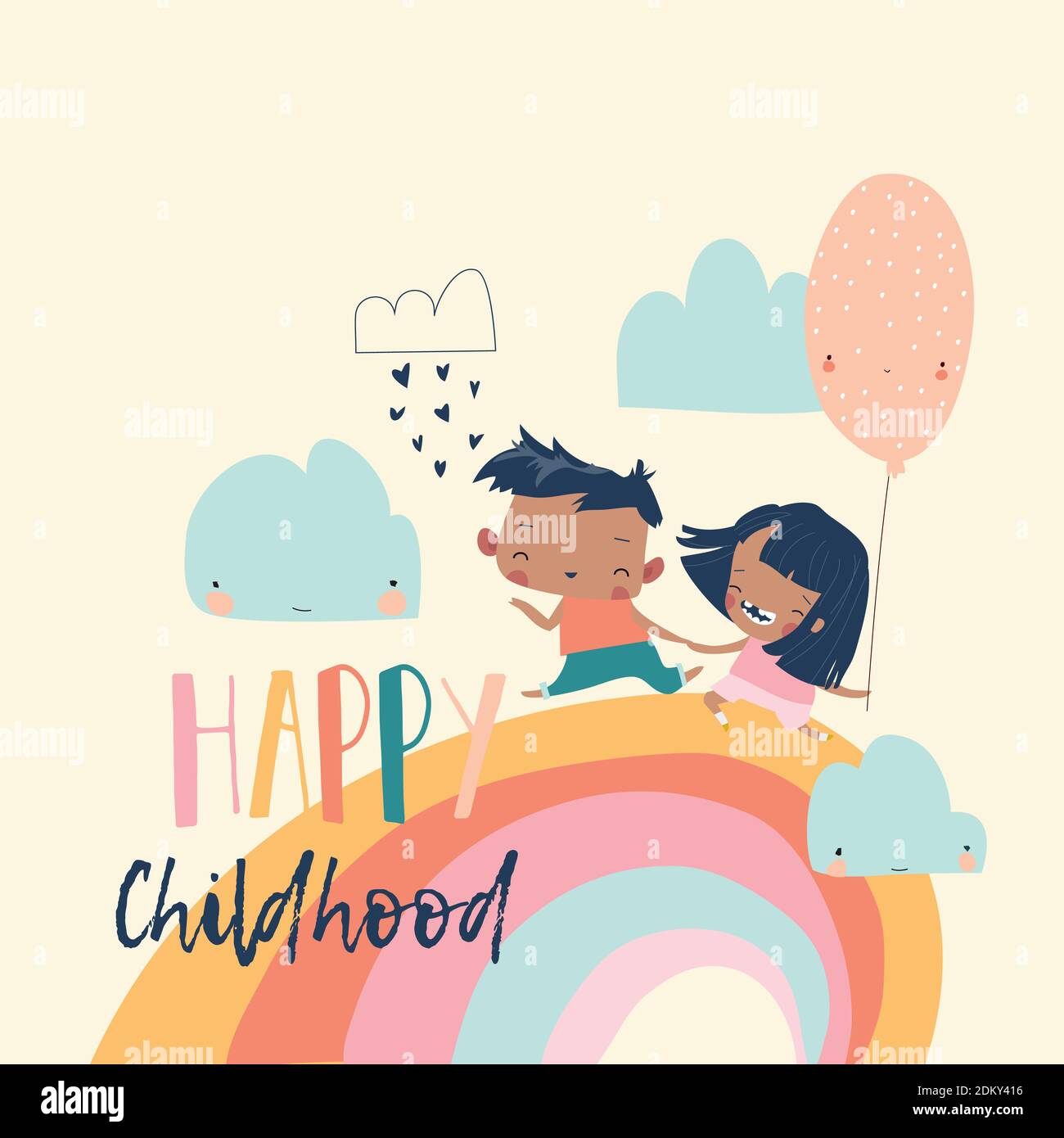 Happy children running on rainbow with balloon Stock Vector Image & Art ...