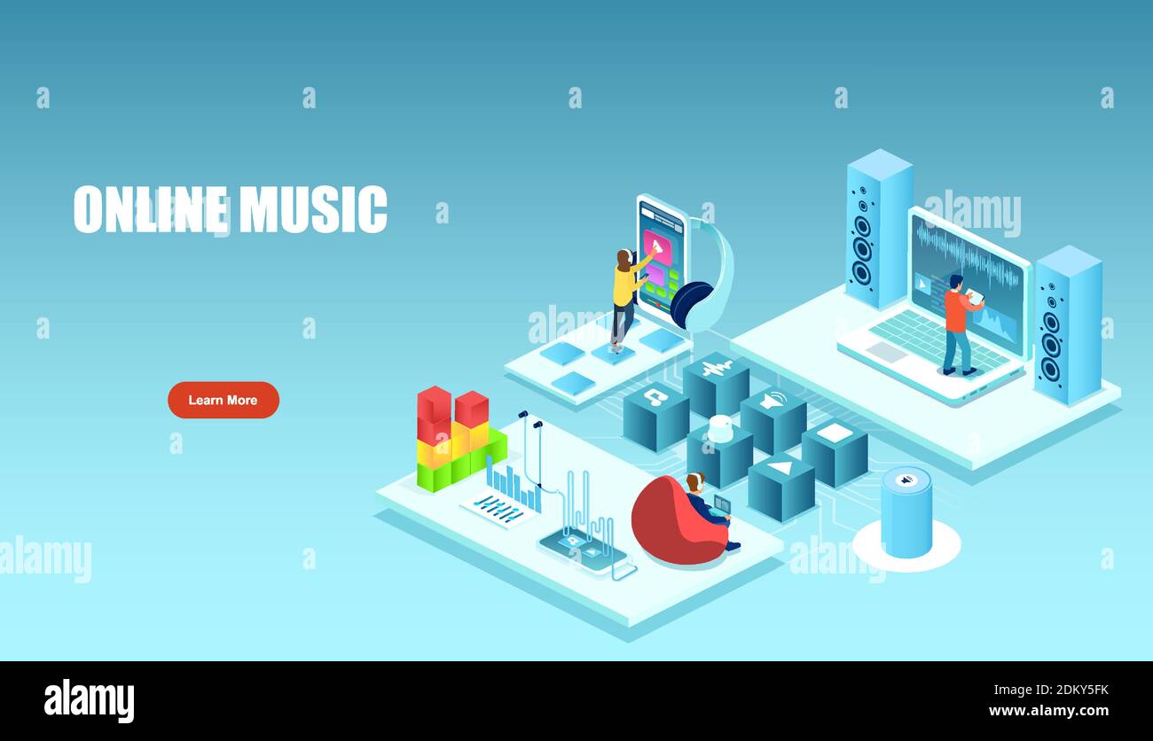 Vector of people listening, creating music using smartphone, laptop ...