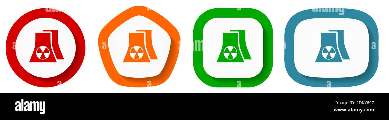 Nuclear power plant vector icon set, flat design buttons on white ...
