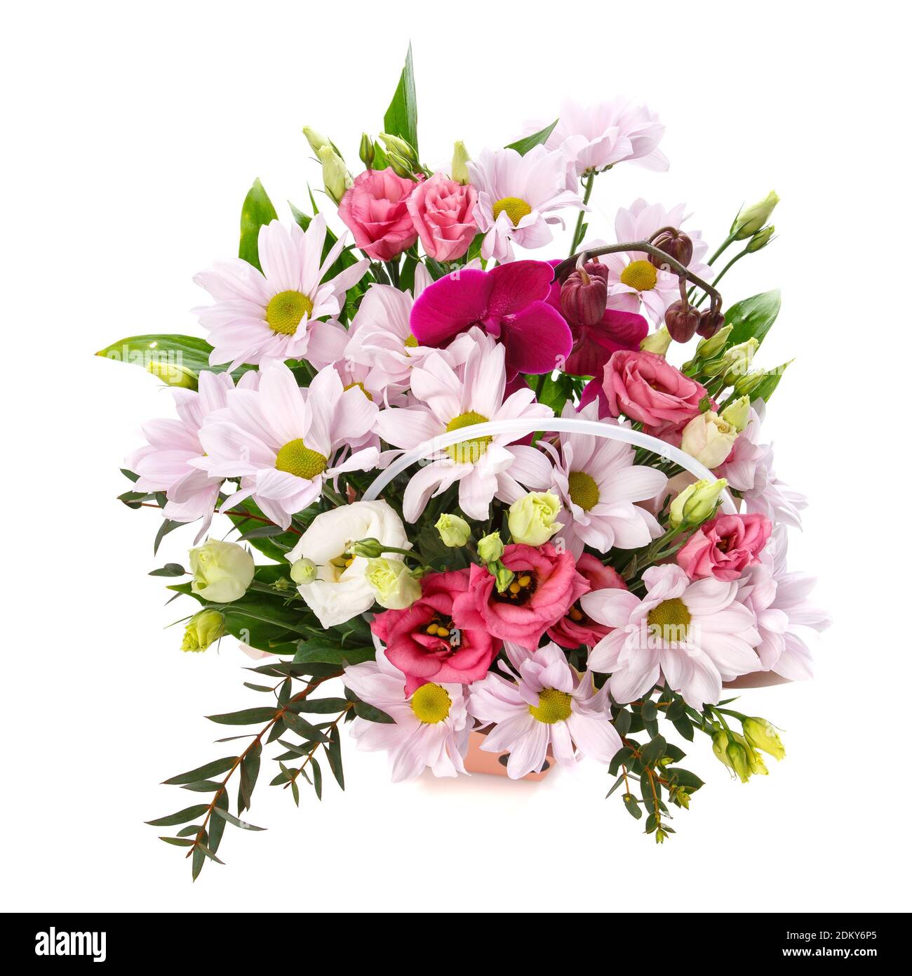 Festive floral arrangement of various flowers of delicate colors on a ...