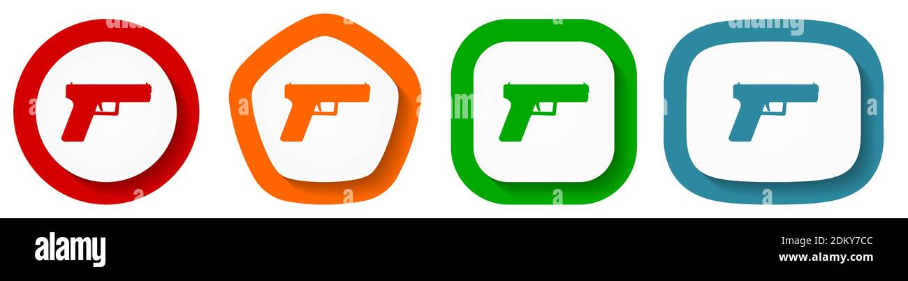 Pistol, gun, weapon vector icon set, flat design buttons on white ...
