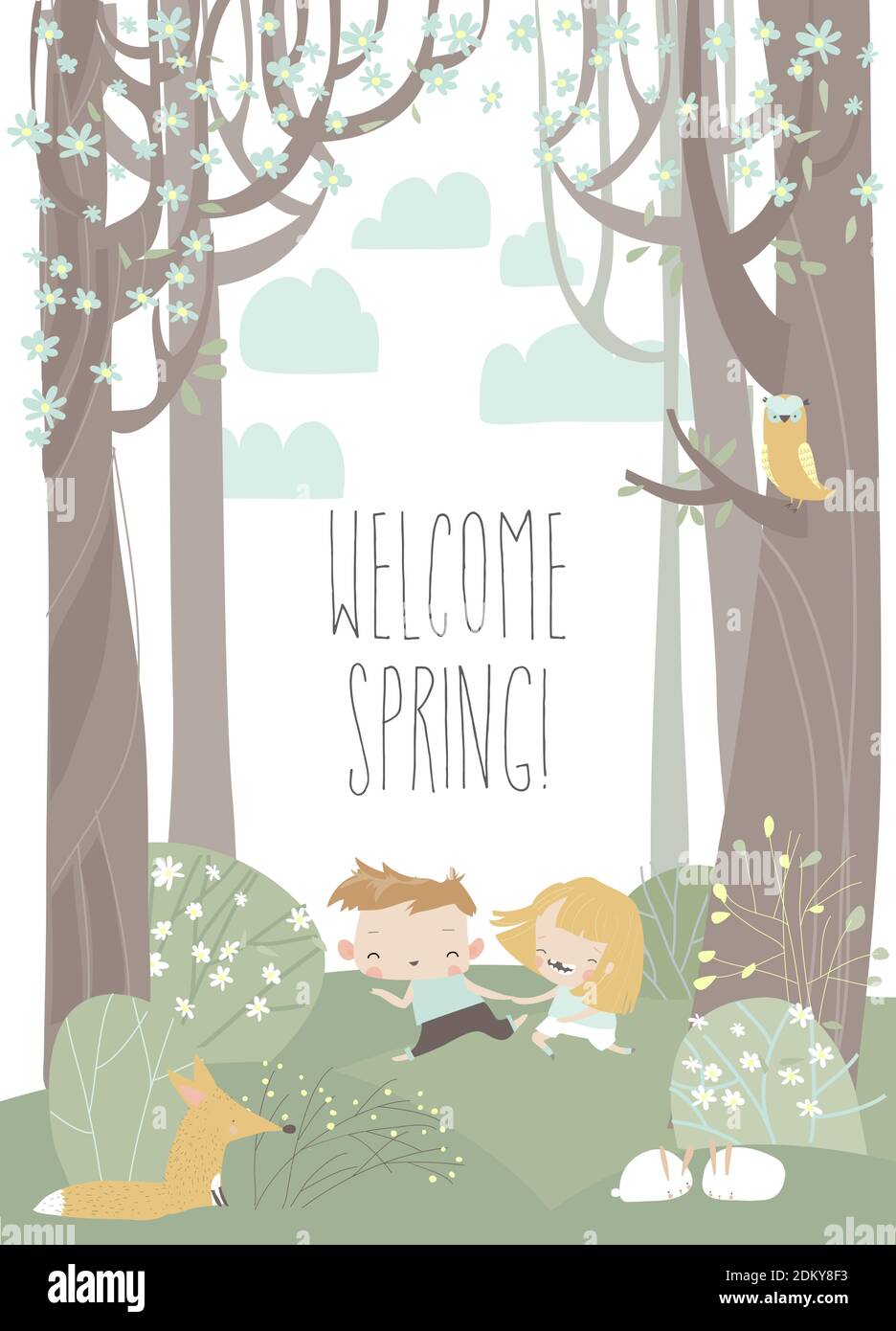 Cartoon happy children run in spring blossom forest Stock Vector Image ...