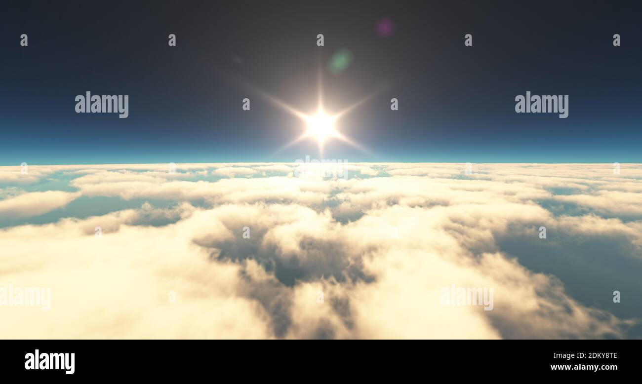 fly above clouds sunset landscape. 3d render illustration Stock Photo ...